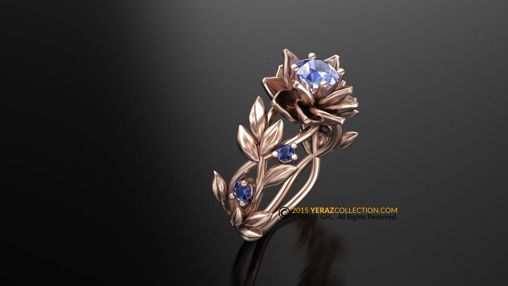 Leaf Engagement Ring, Lotus Flower Ring, 14k Rose Gold, Tanzanite Enga ...